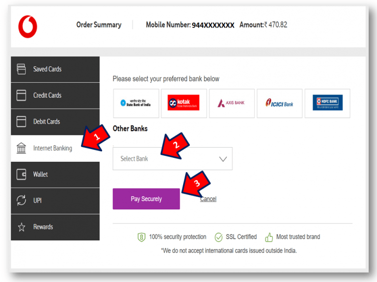 Vodafone Postpaid Online Bill Payment-debit card, Netbanking, UPI